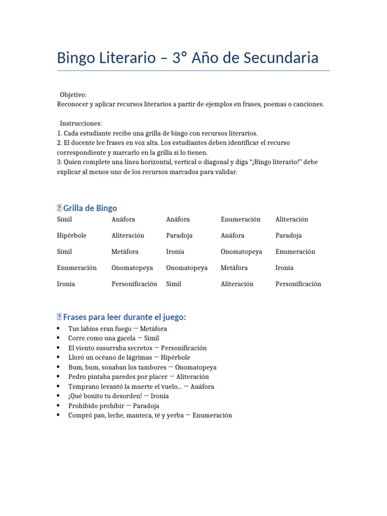 Bingo Literario 3ero | PDF