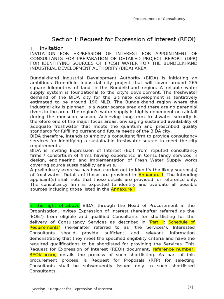 EOI For Water Model Tender Document For Procurement of Consultancy ...