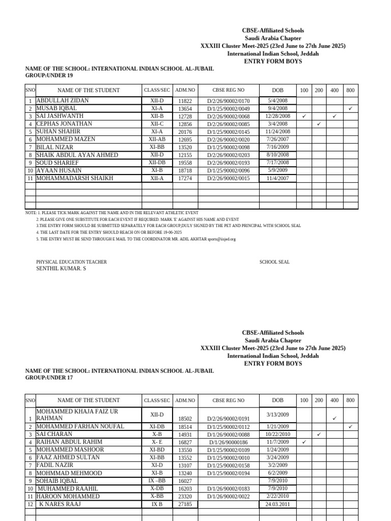 IIS Jubail Cluster Meet 2025 Entry Forms | PDF | Schools | Educational ...