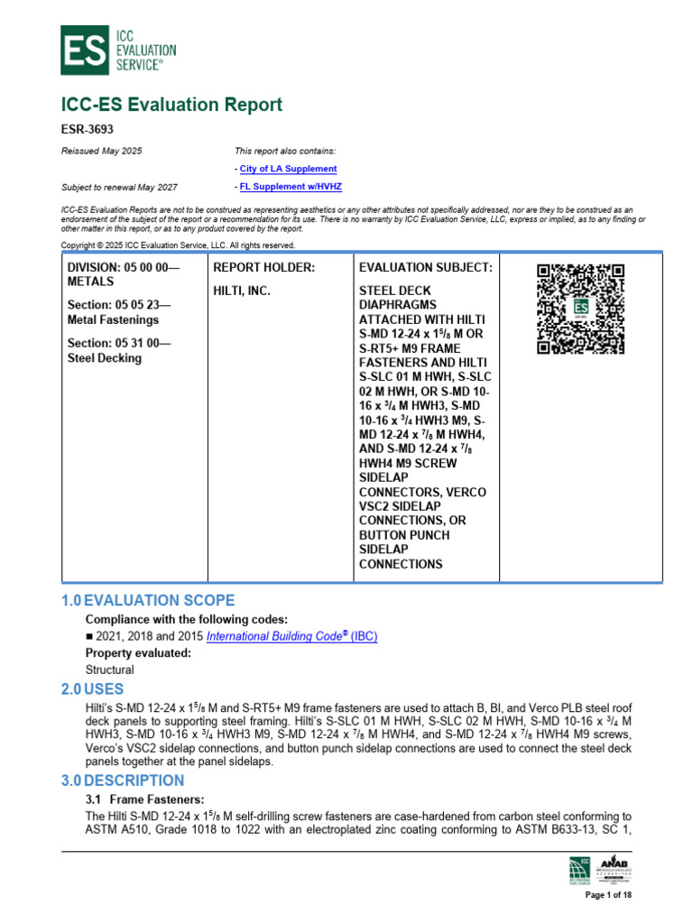 Hilti Steel Deck Fasteners Evaluation Report | PDF | Screw | Structural ...