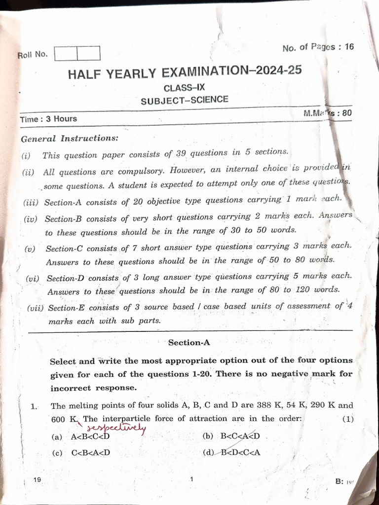 LAST YEAR TERM 1 QUESTIONPAPER For Class 9 | PDF