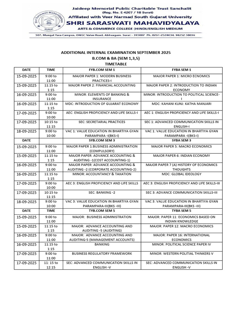 Additional Internal Timetable - September 2025 | PDF | Financial Services | Business Economics