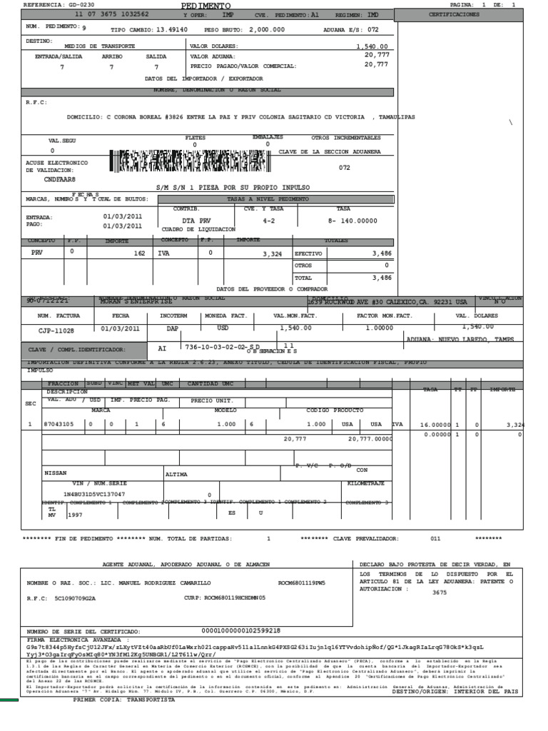 Pedimento Aduanero GD-0230 Detalles | PDF | El comercio internacional
