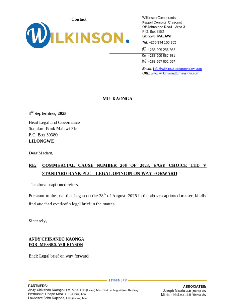 Easy Choice LTD V Standard Bank PLC - Cover Letter For Legal Brief To ...