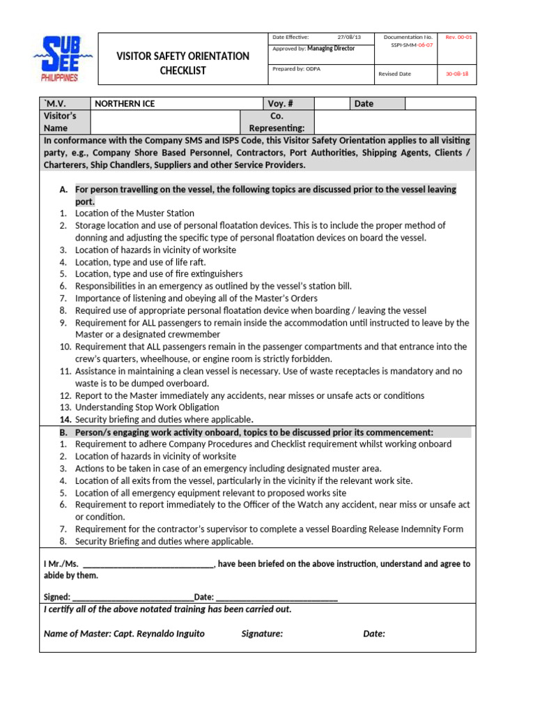 Visitor Safety Orientation Checklist | PDF | Shipping | Water Transport