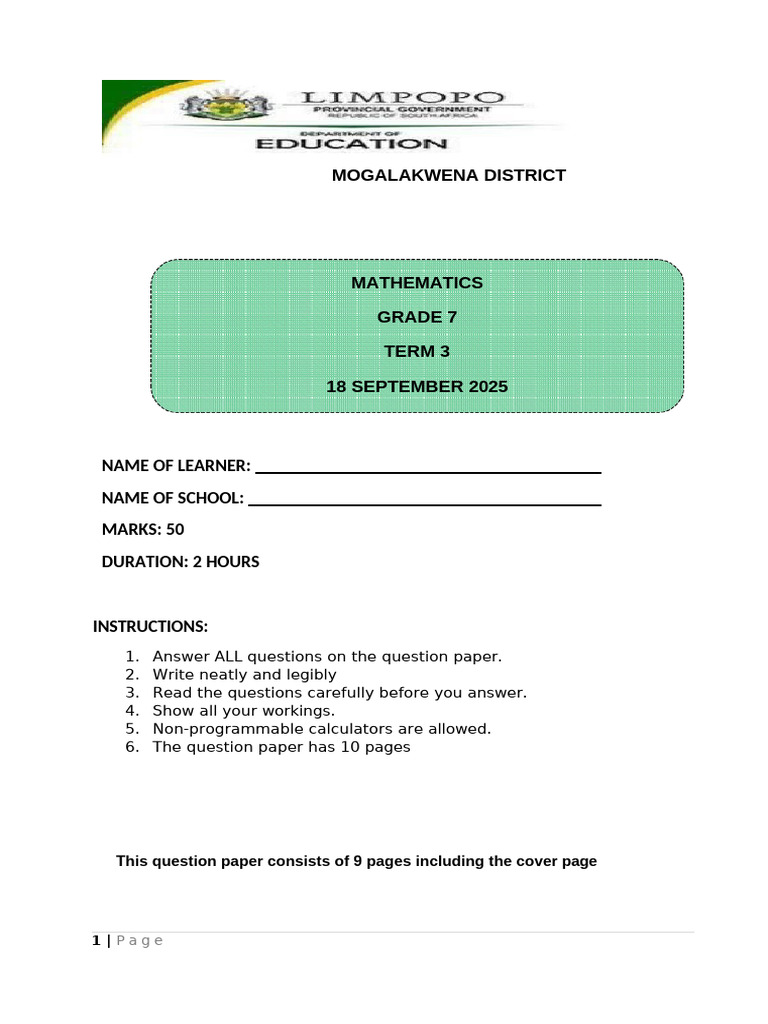 Grade 7 Mathematics Term 3 Exam 2025 | PDF | Shape | Euclid