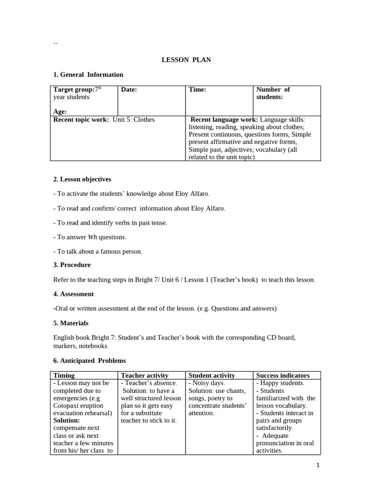 7th Grade Lesson Plan on Eloy Alfaro | PDF | English Language | Teachers