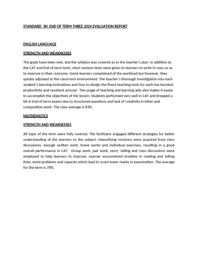End of Term Three Evaluation 2024 | PDF | Learning | Teachers