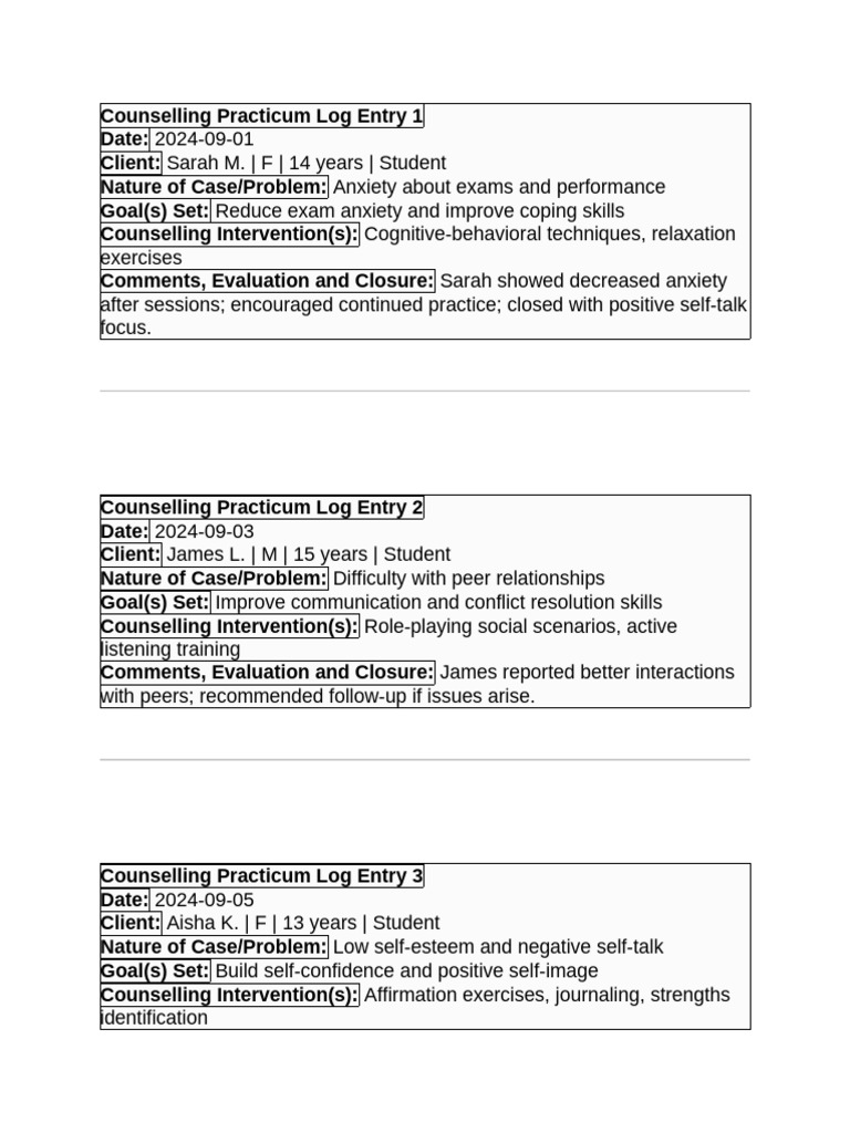 Counselling Practicum Log Entry 1 | PDF | Behavioural Sciences ...