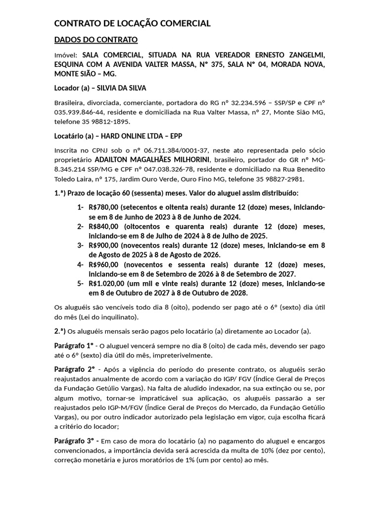 Contrato de Locação Comercial em MG | PDF | Aluguel | Direito Comum