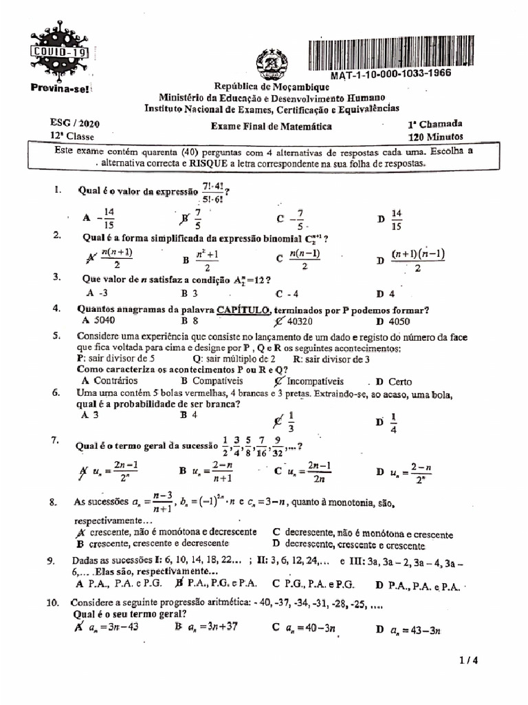 Matematica 12a Classe 2020-1a Epoca | PDF