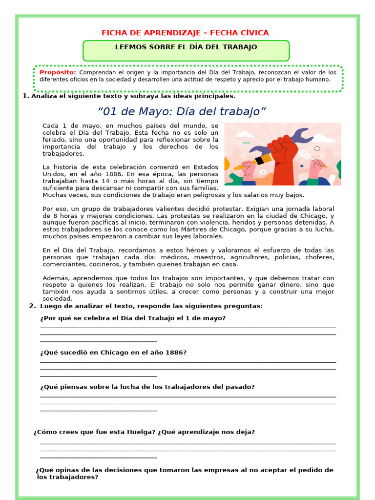 Ficha-Fecha Civica - Leemos Sobre El Día Del Trabajo | PDF