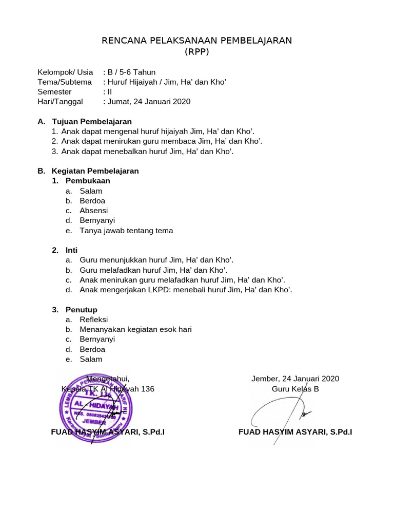 RPP Pembelajaran Huruf Jim, Ha, Kho | PDF