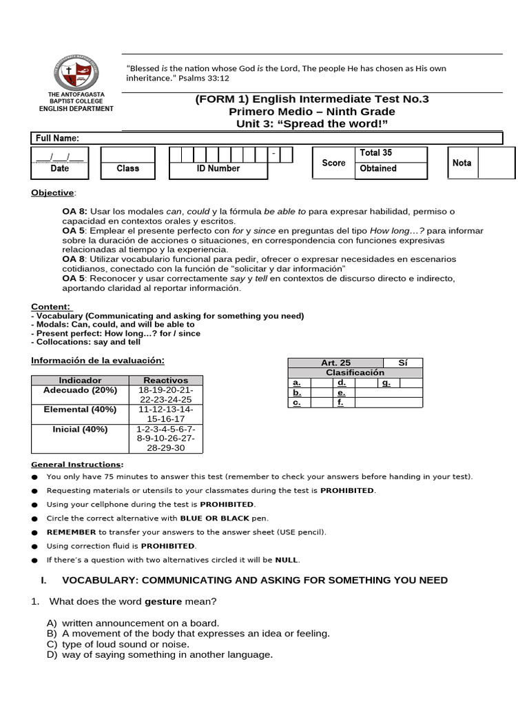 9th Grade - Intermediate Test 3 | PDF