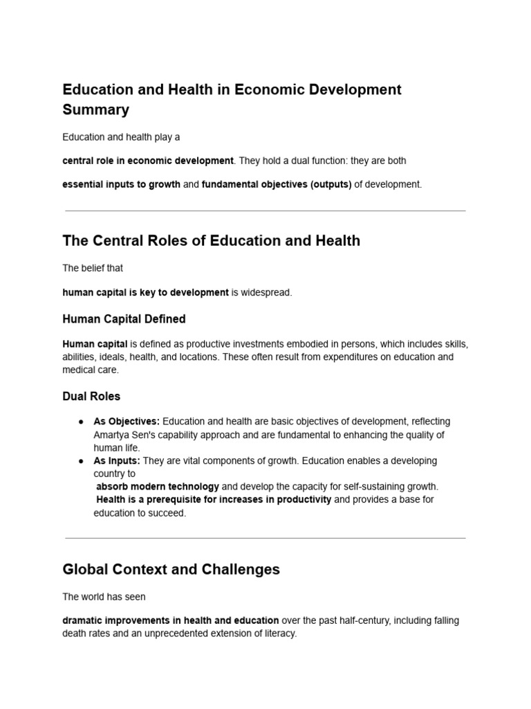 Education and Health in Economic Development Summary | PDF | Human Capital | Child Labour