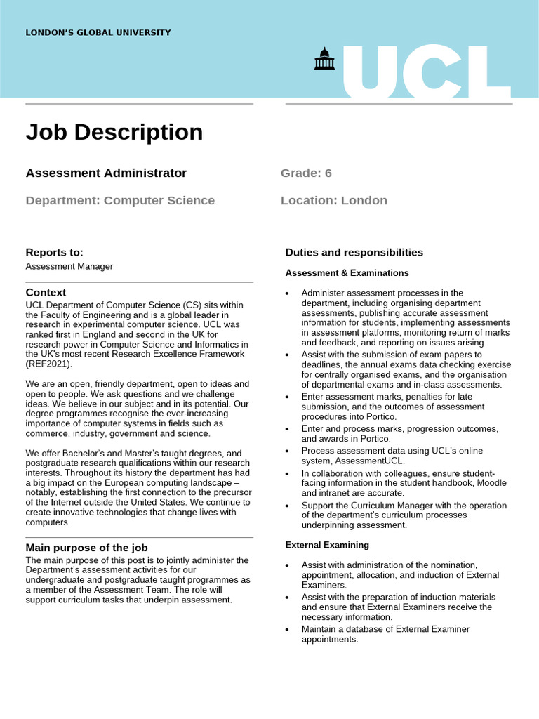 UCL Computer Science Assessment Administrator Role | PDF | University ...