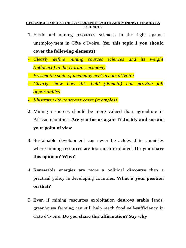 Research Topics For l3 Students Earth and Mining Resources Sciences | PDF