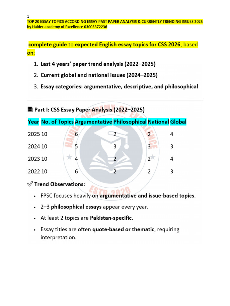 CSS 2026 Expected Essay Topics Guide | PDF | Essays | Political Science