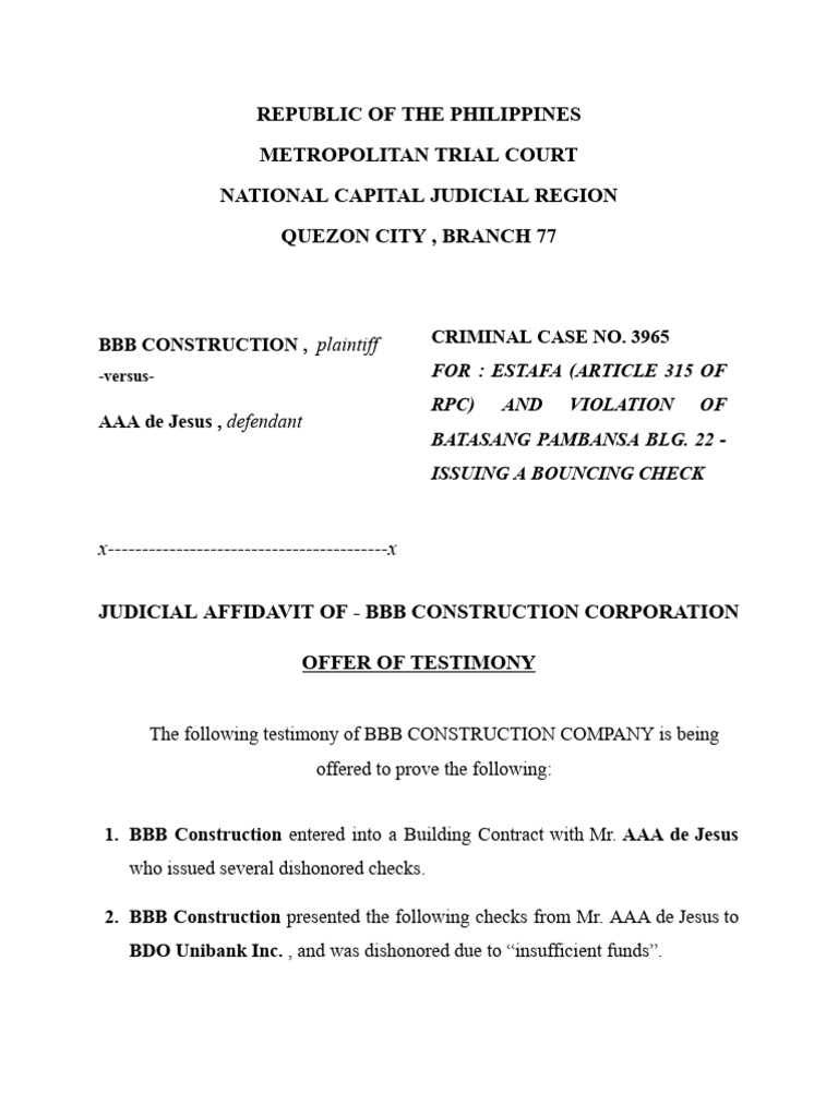 Republic of The Philippines Metropolitan Trial Court National Capital ...