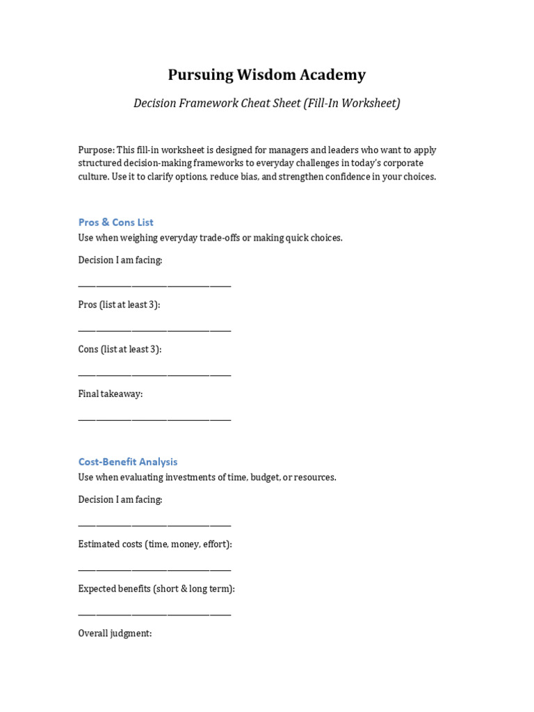 3 - PWA Decision Framework Cheat Sheet Fillable | PDF | Decision Making ...