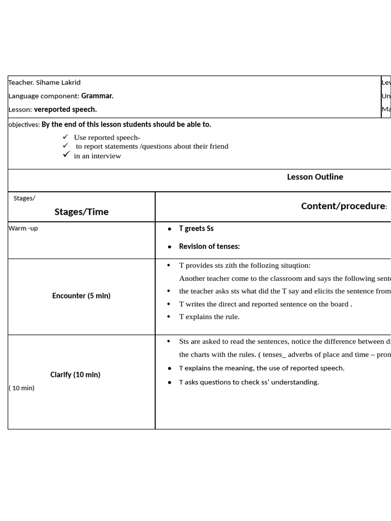 Reported Speech Lesson Plan | PDF | Language Mechanics | Syntax