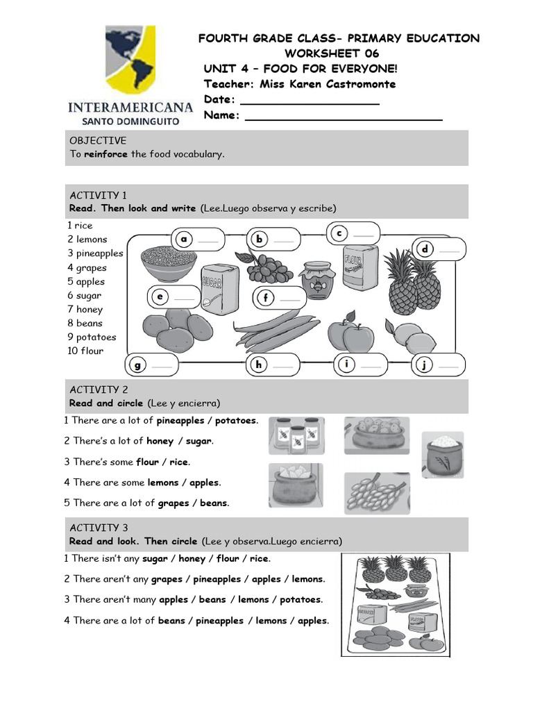 Fourth Grade Class Unit 4 Worksheet 06 07 y 08 | PDF | Foods | Western ...