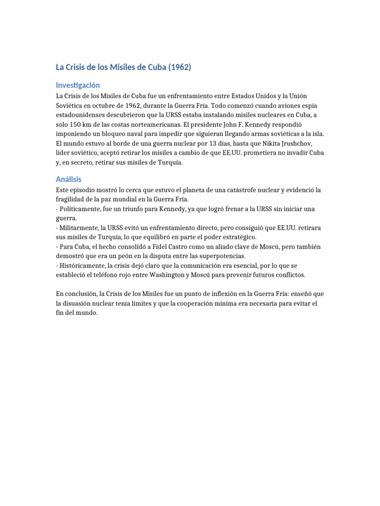Crisis de Misiles en Cuba: Claves y Consecuencias | PDF