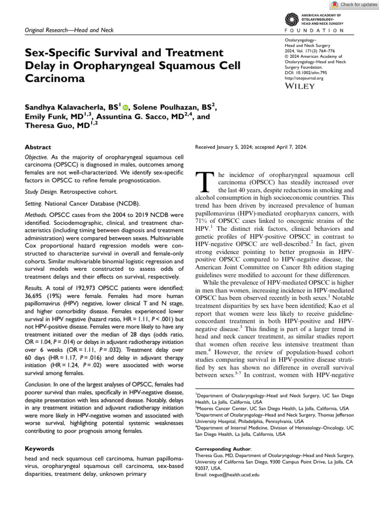Sex-Specific Survival in OPSCC Study | PDF | Head And Neck Cancer ...