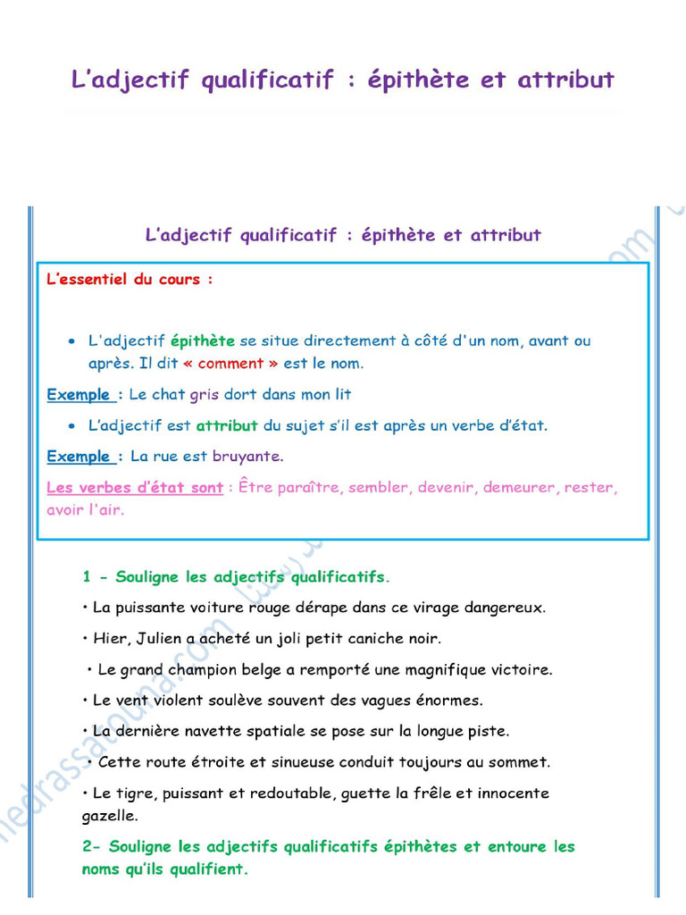 L'Adjectif Qualificatif Épithète Et Attribut | PDF