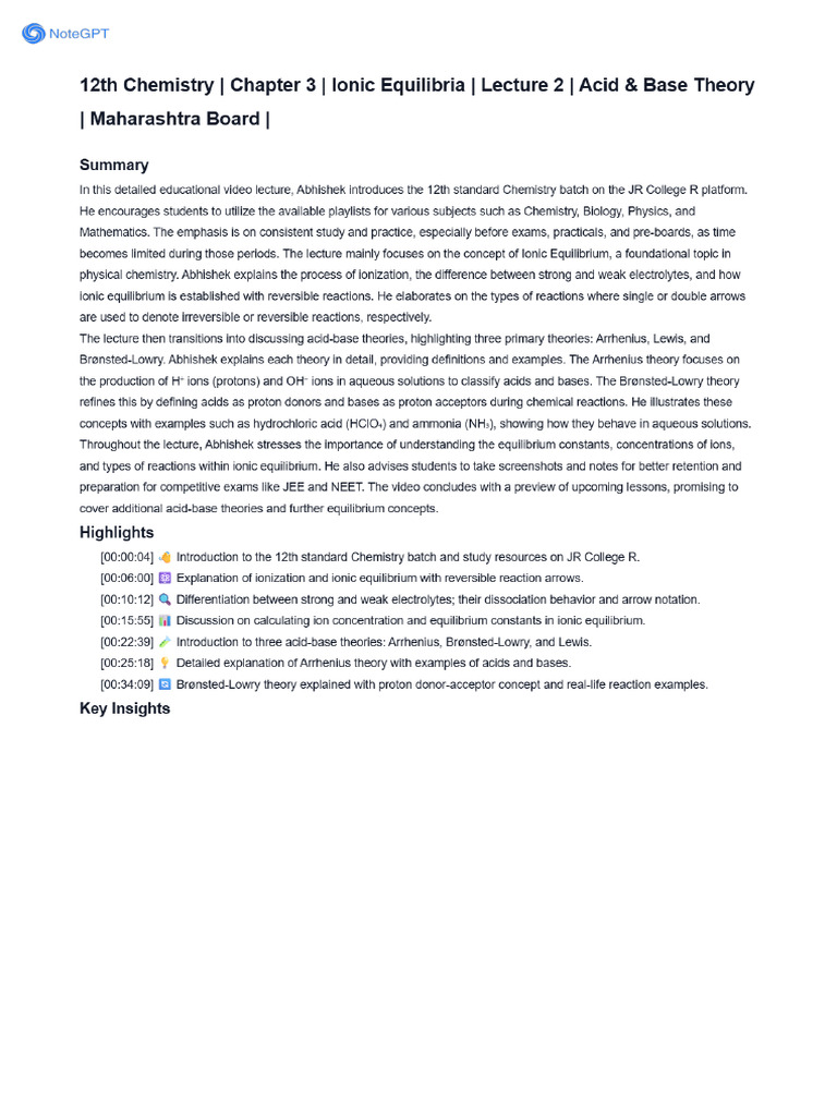 NoteGPT - Summary - 12th Chemistry - Chapter 3 - Ionic Equilibria ...