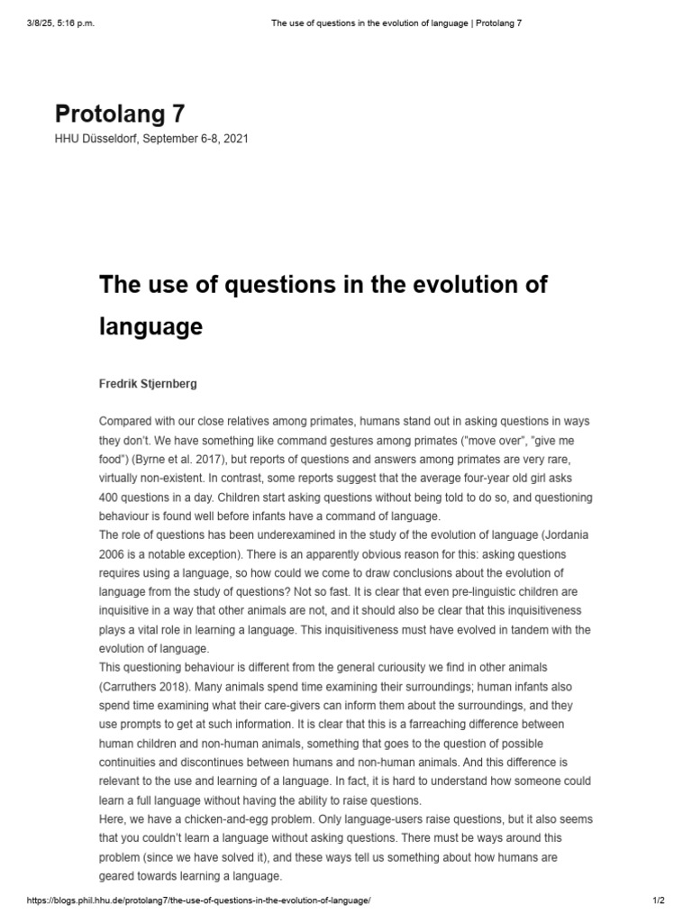 The Use of Questions in The Evolution of Language - Protolang 7 | PDF ...