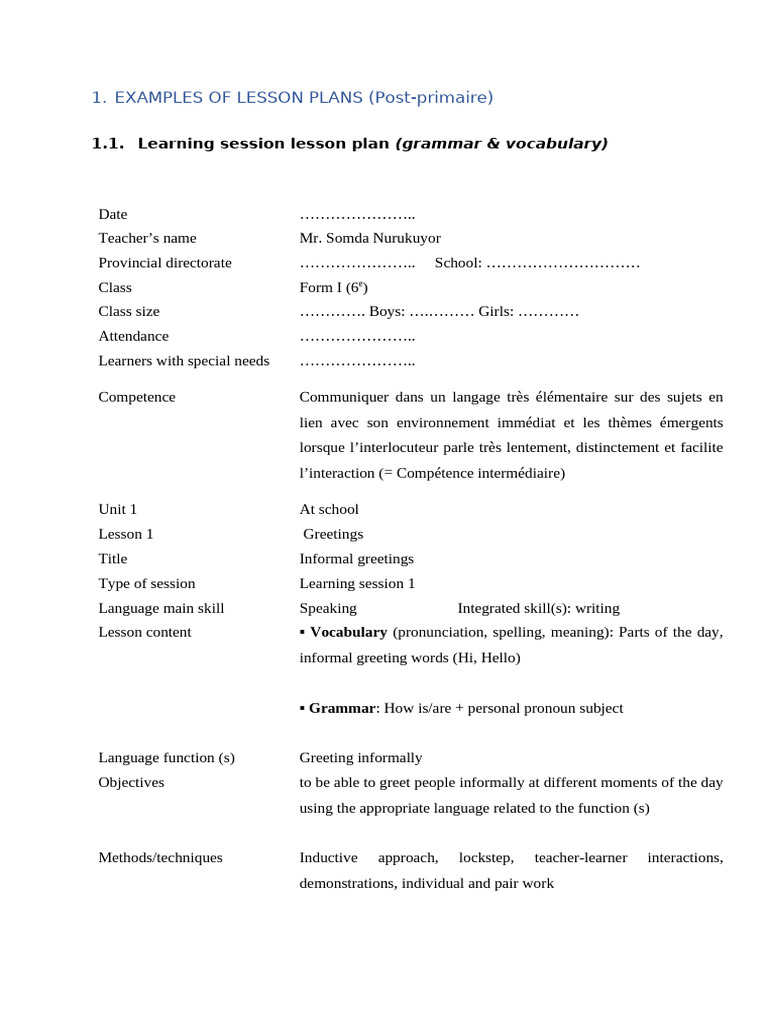 Examples of Lesson Plans | PDF | Teachers | Learning