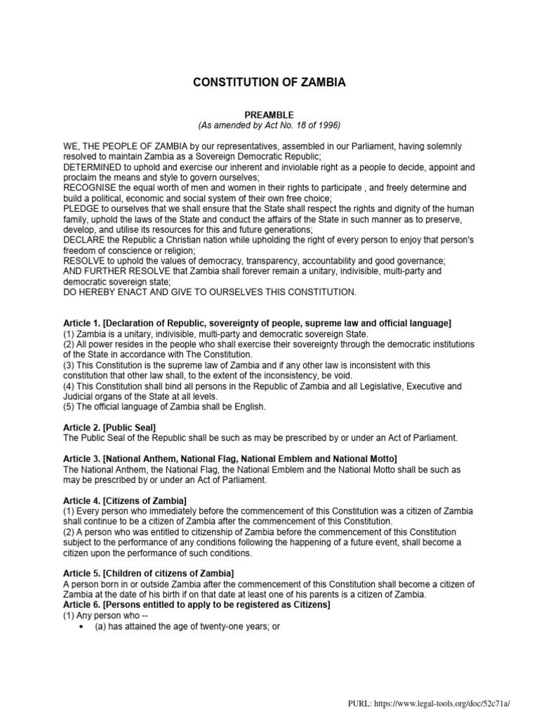 Zambia - Constitution as Amended in 1996 01 | PDF | Acquittal | Government
