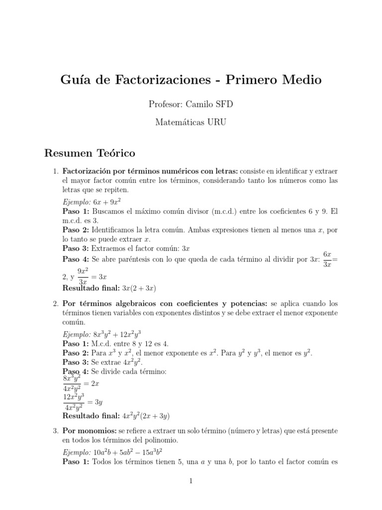 Guía de Factorizaciones para Primero Medio | PDF | Factorización ...