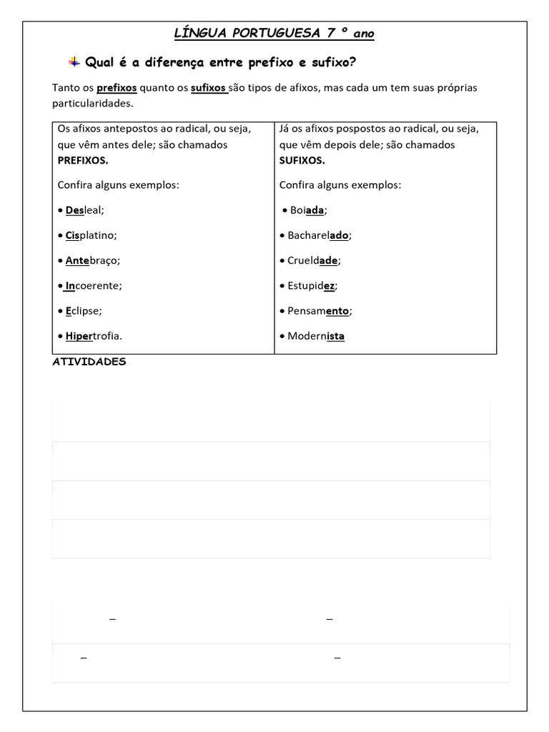 Prefixos e Sufixos: Atividades 7º Ano | PDF | Famílias linguísticas