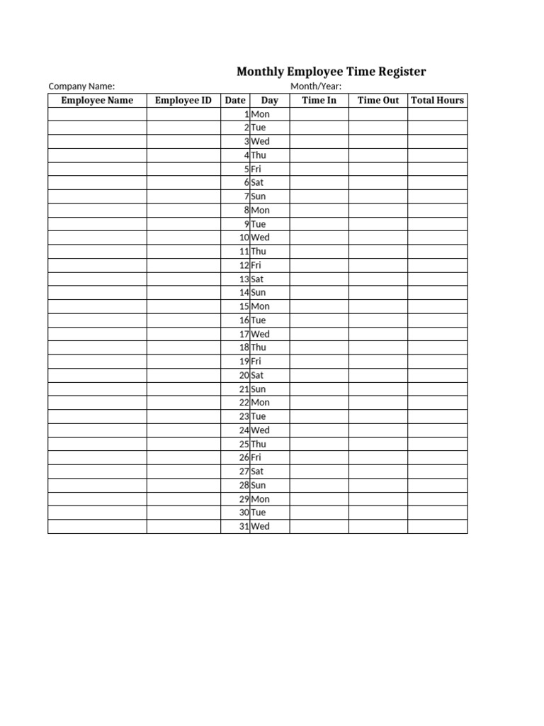 Monthly Time Register | PDF