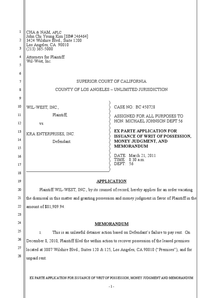 Ex Parte Application and Memorandum 3.18.11 | Eviction | Lease