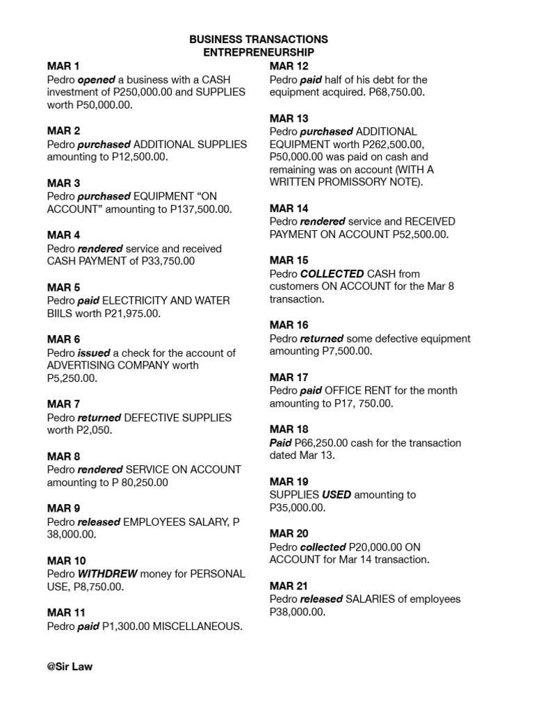 Business Transactions (Sample) | PDF | Expense | Balance Sheet