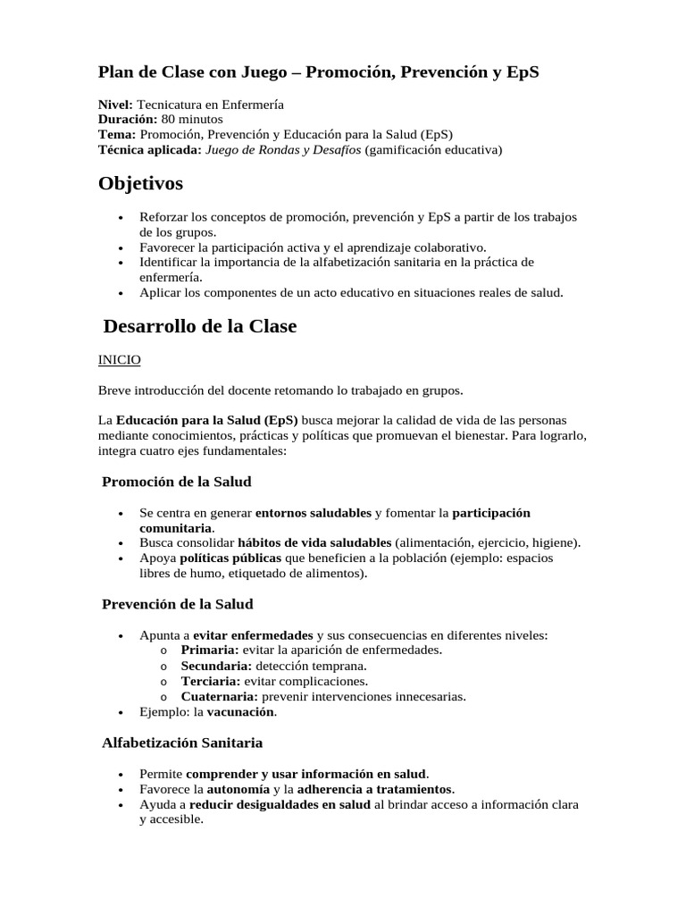 Plan de Clase Con Juego | PDF | Educación para la salud | Hipertensión