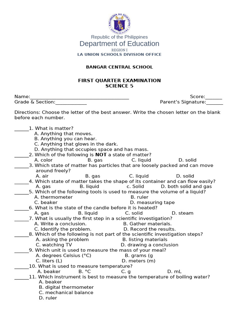 Science 5 First Quarter Exam Guide | PDF | Thermometer | Volume