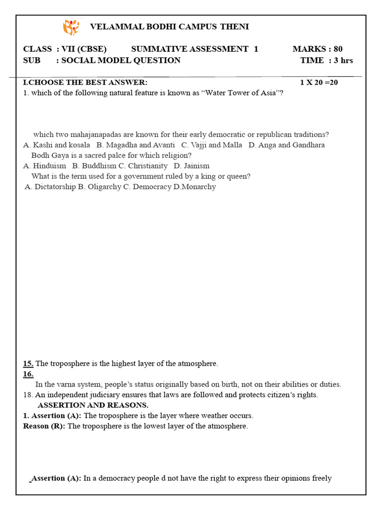 Class VII Social Studies Model Questions | PDF