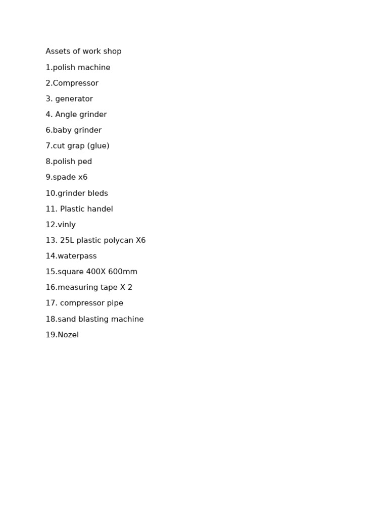 Workshop Equipment Inventory List | PDF