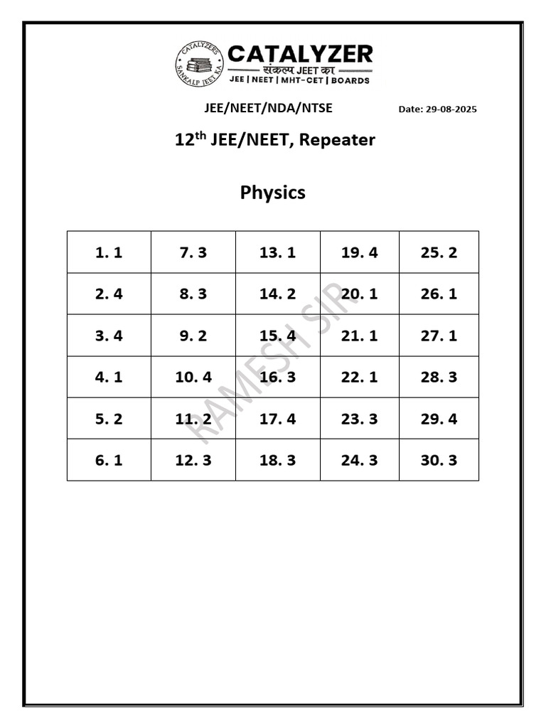 12 JEE, NEET, Repeater Physics Answerkey 29 Aug 2025.PDF | PDF