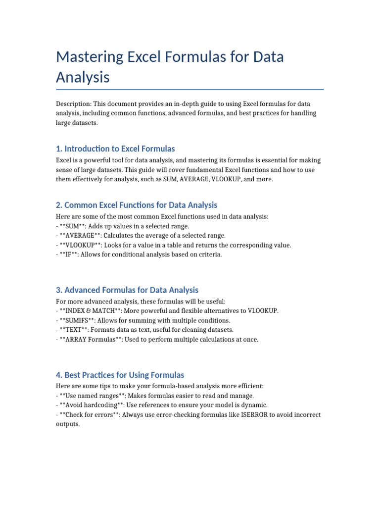Mastering Excel Formulas For Data Analysis | PDF