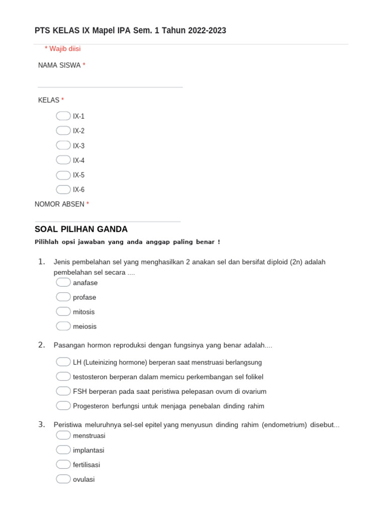 PTS IPA Kelas IX Semester 1 2022-2023 | PDF