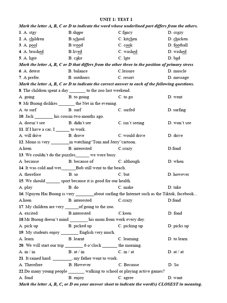 Unit 1 English Test Questions and Answers | PDF | Hobbies