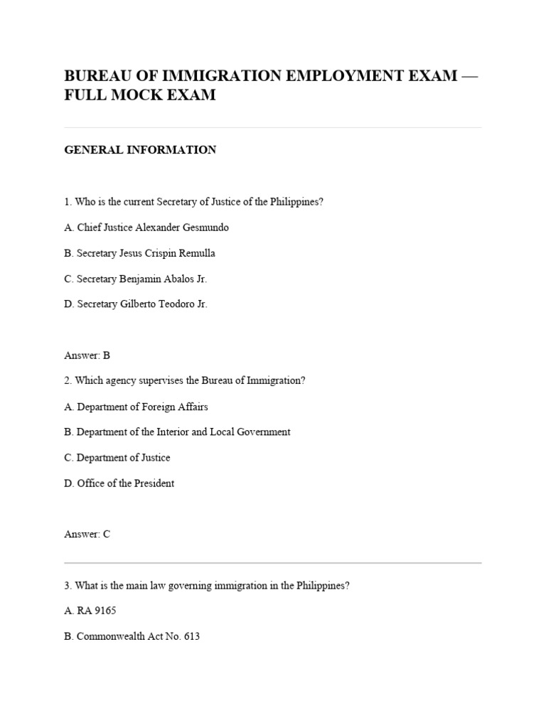 Bureau of Immigration Mock Exam Guide | PDF | Travel Visa | Illegal ...