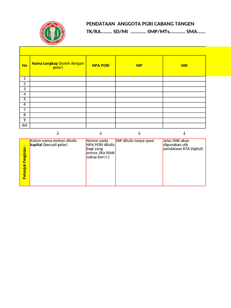 Contoh Form PENDATAAN ANGGOTA PGRI | PDF
