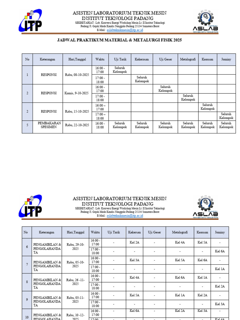 Jadwal Praktikum Material L0 Metalurgi Fisik 2025 | PDF