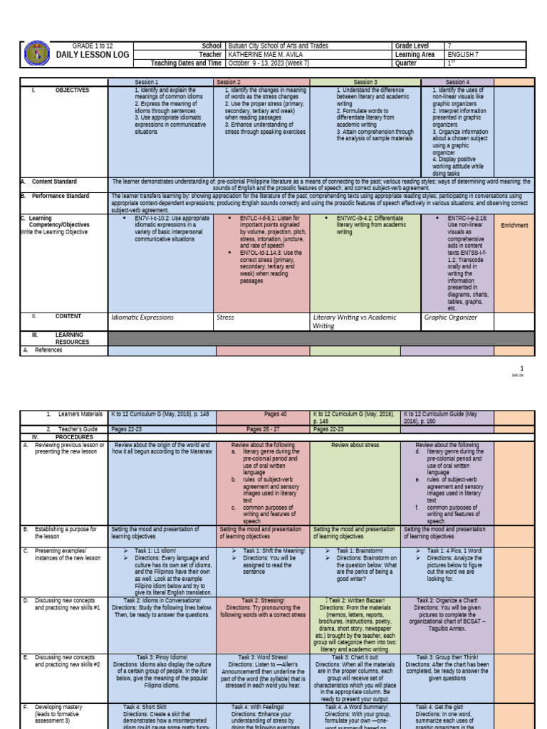 DLL - English 07 - q1w7 | PDF | Teachers | Learning